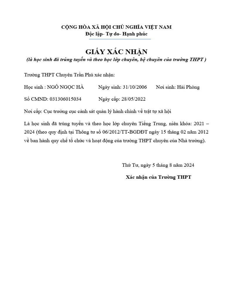 Mau Giay Xac Nhan Hoc Sinh Truong Chuyen | PDF