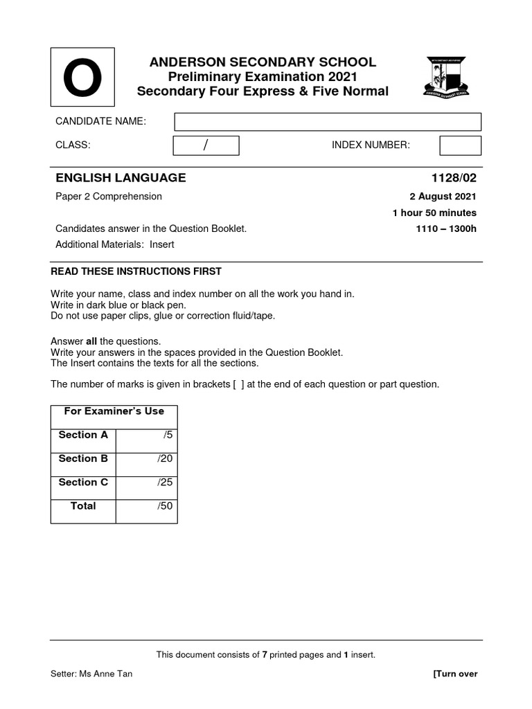 2021 ANDSS PRELIM 4E5N EL Paper 2 (Question Booklet) | PDF