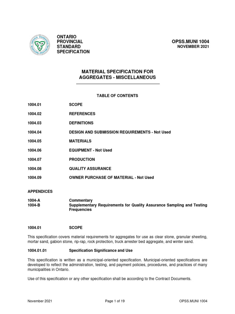 OPSS - MUNI 1004 - Nov 2021 | PDF | Construction Aggregate | Concrete