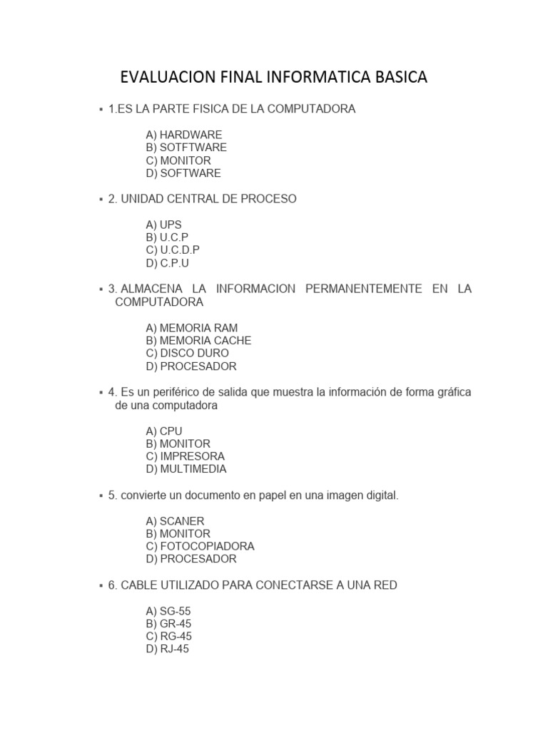 Evaluacion Final Informatica Basica | PDF | Microsoft Office | Internet