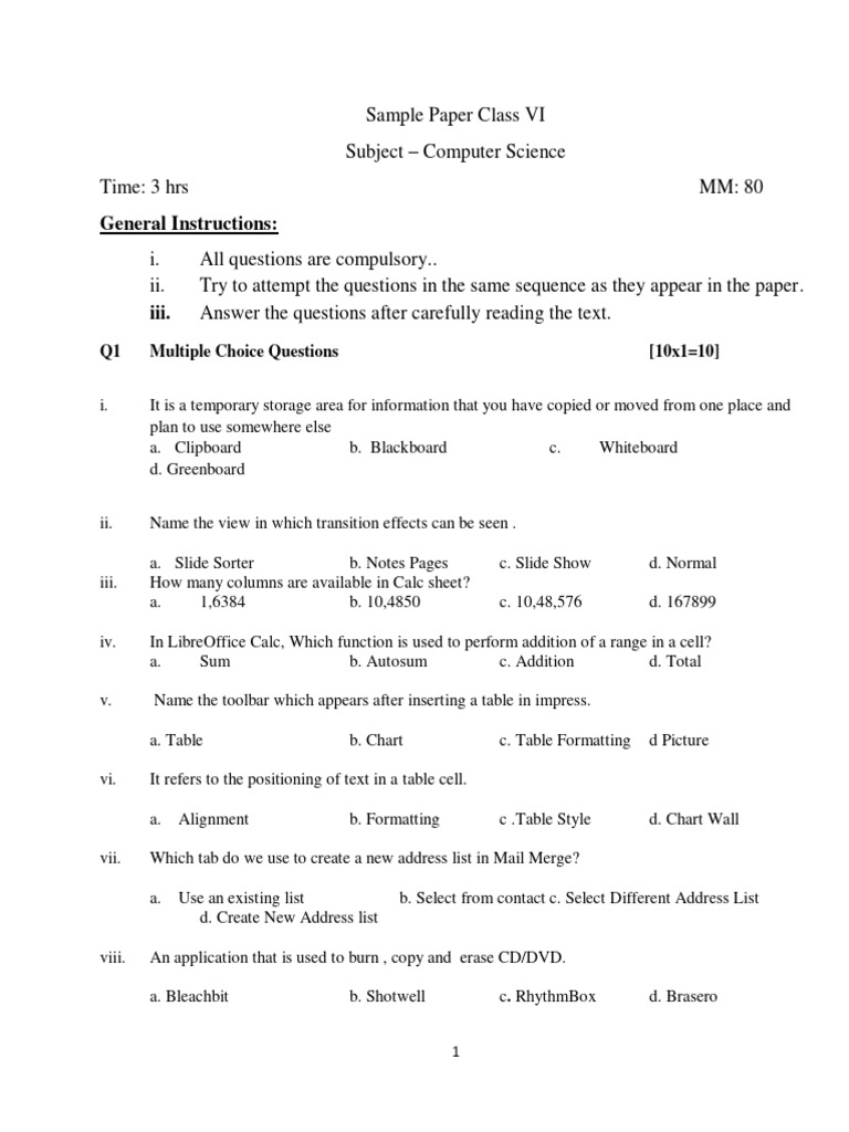 Class VI Sample Paper | PDF | Spreadsheet | Computer Science