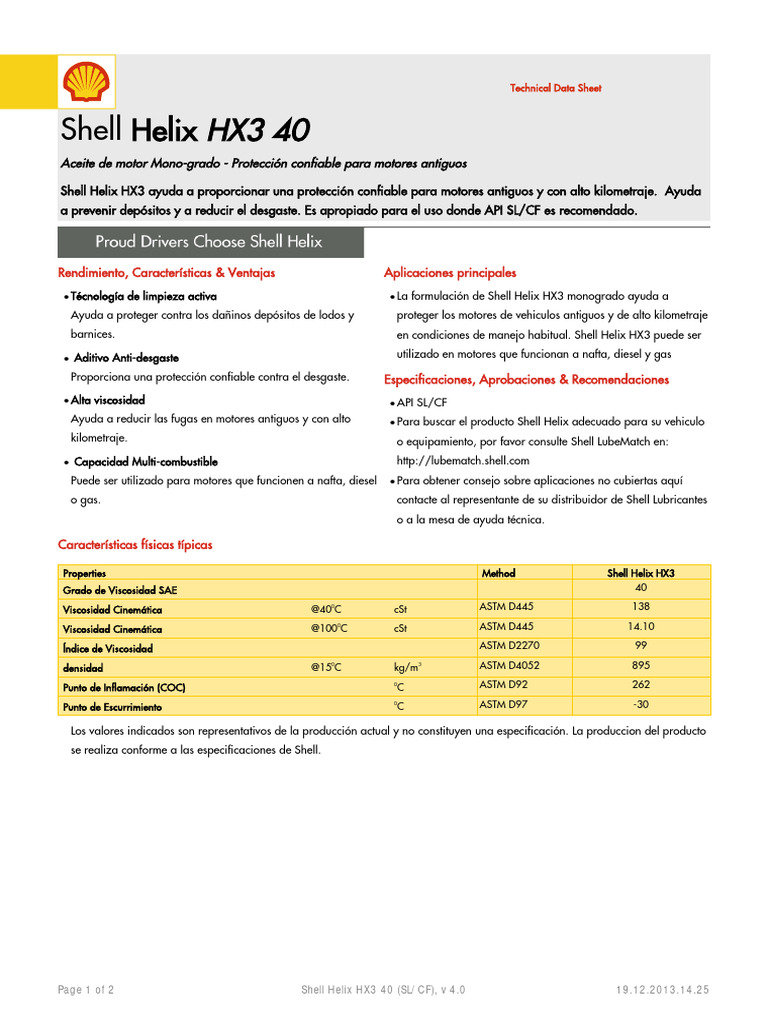 Aceite Shell Helix HX3 40: Protección Motores Antiguos | PDF | Higiene