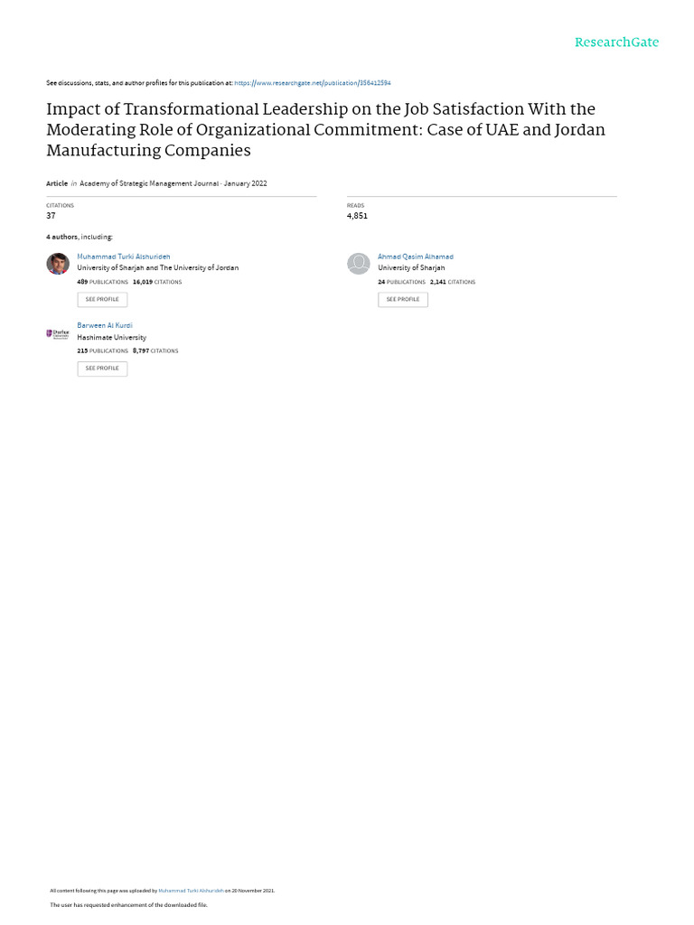 Impact of Transformational Leadership On The Job Satisfaction With The Moderating Role of ...