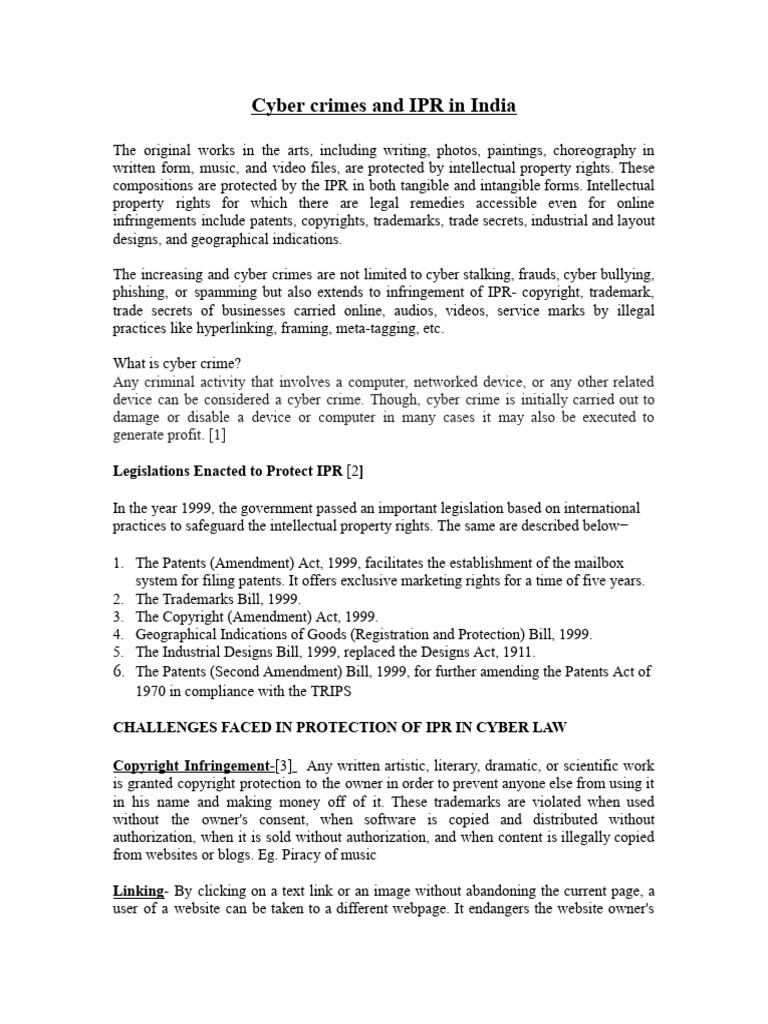 Cyber crimes and IPR in India. | PDF | Copyright Infringement | Trademark
