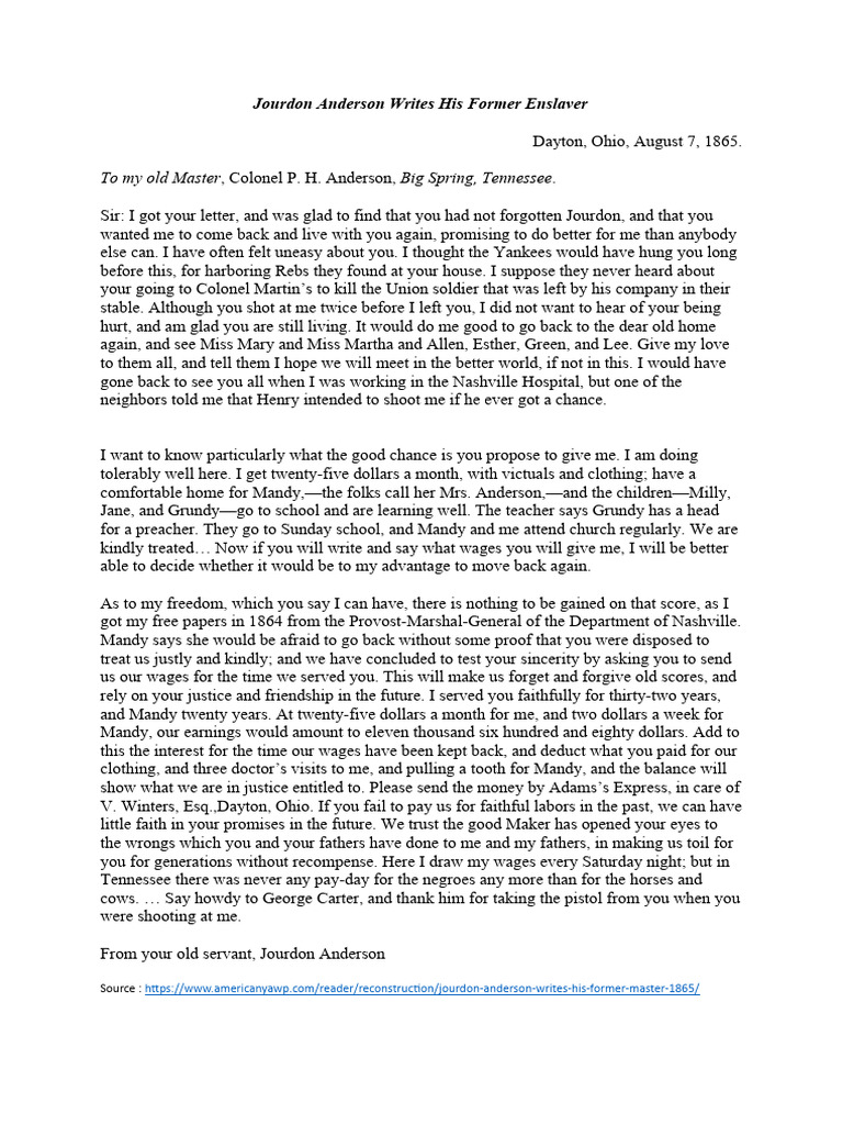 Jourdon Anderson Writes To His Former Enslaver | PDF | Religion ...