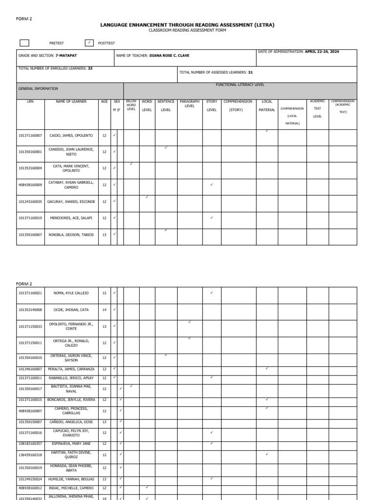 7B Form 2 - Classroom Reading Assessment Form | PDF | Linguistics ...