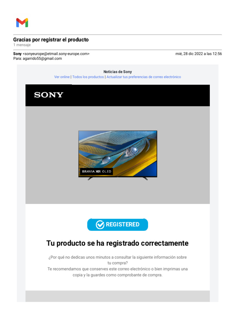 Gmail - Gracias Por Registrar El Producto | PDF | Sony | Tecnologías de ...
