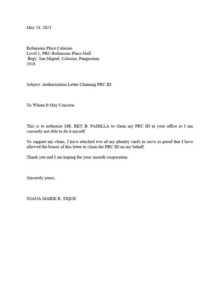 Authorization Letter for PRC ID Claim | PDF | Career & Growth | Law