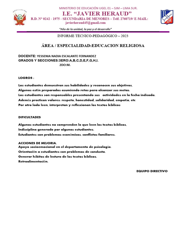 JH2023 - Informe Técnico Pedagógico 2023 KSL | PDF