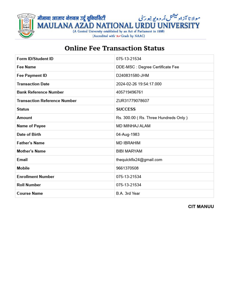 Online Payment Response - MANUU COE | PDF