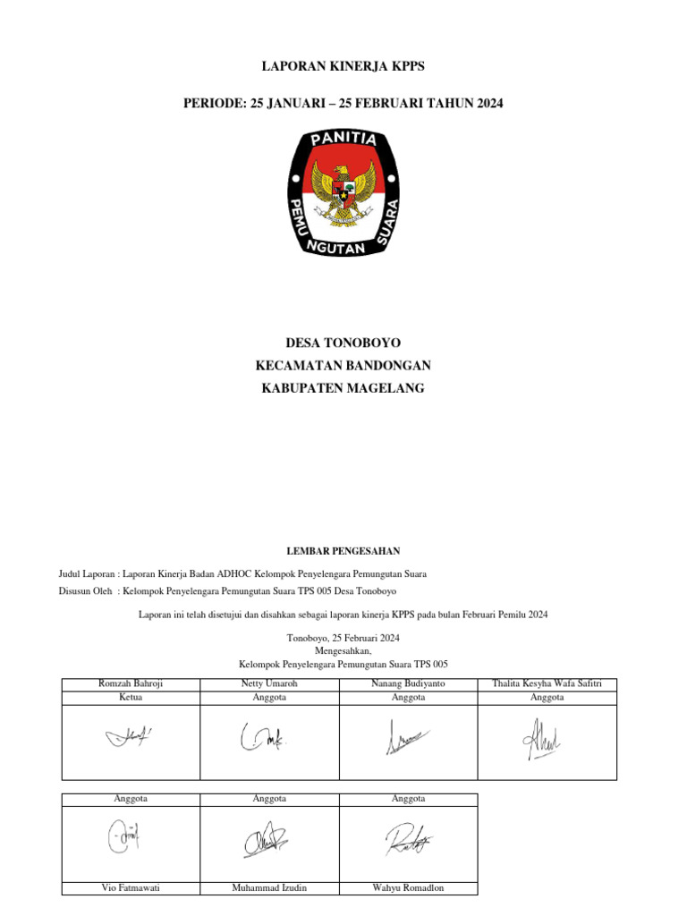 LAPORAN - KINERJA - KPPS - TONOBOYO - TPS - 005 Final | PDF