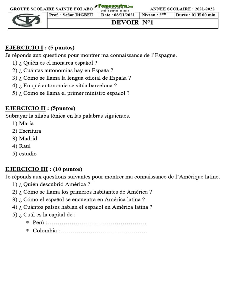 Devoir Espagnol 3 Pdf