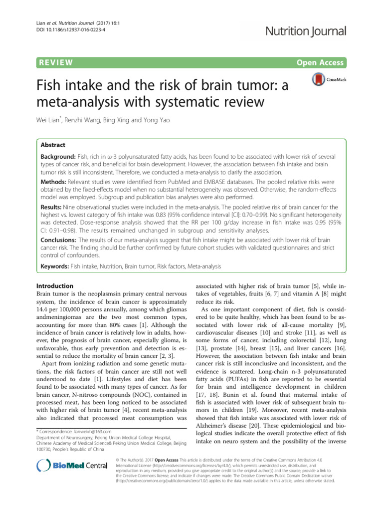 Fish Intake and The Risk of Brain Tumor: A Meta-Analysis With ...