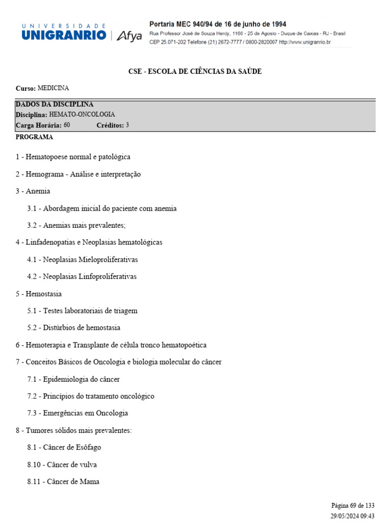 Ementas 7 Periodo | PDF | Câncer | Anemia