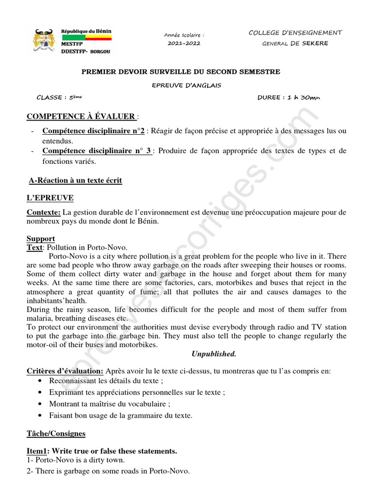 1er Devoir Du 2ème Semestre Anglais 5ème 2021-2022 Ceg Sekere | PDF | Language Arts & Discipline ...