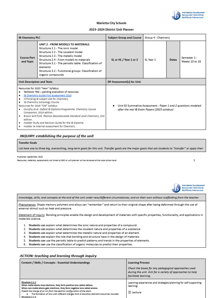 IB Chemistry Unit 2 Overview 2023-2024 | PDF | Chemical Bond | Chemical ...