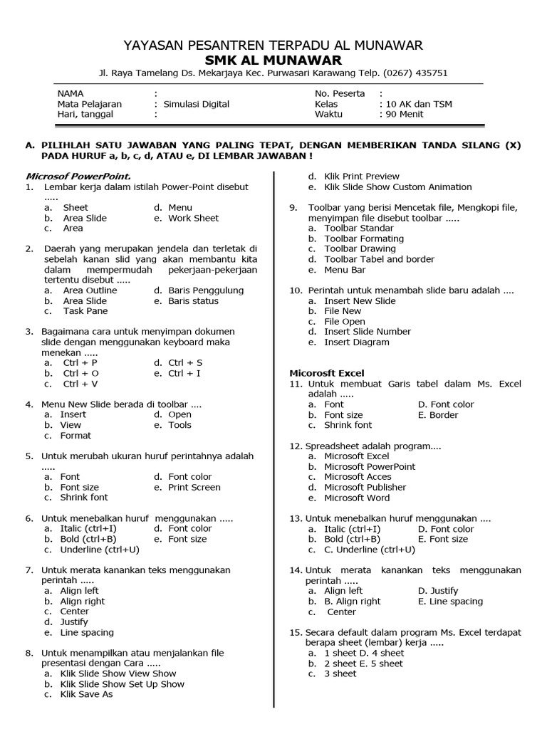 Soal UAS X Simulasi Digital SMK AL MUNAWAR | PDF