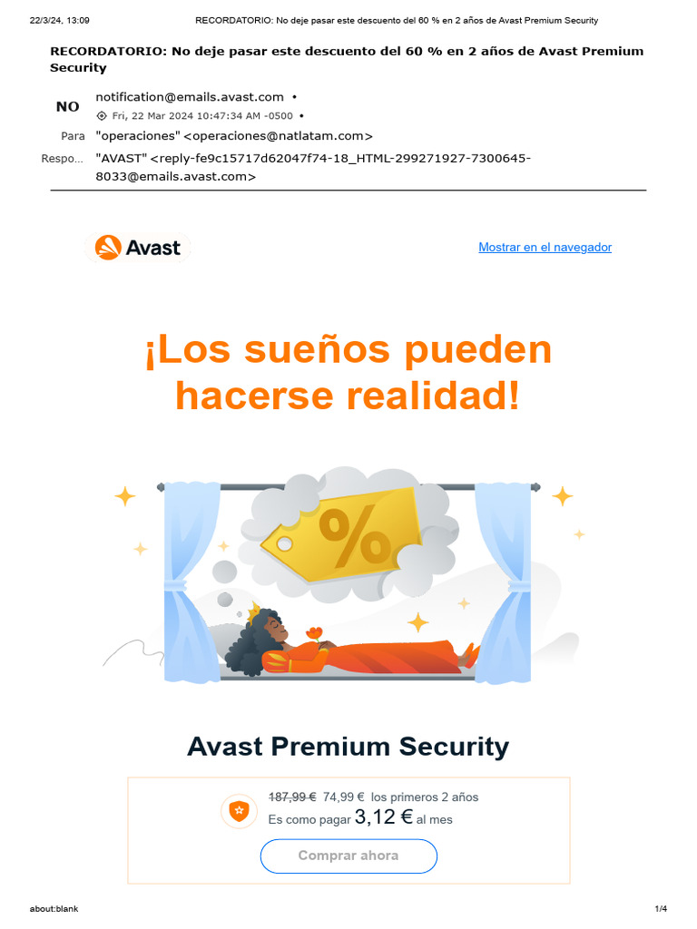 RECORDATORIO - No Deje Pasar Este Descuento Del 60 % en 2 Años de Avast Premium Security | PDF ...