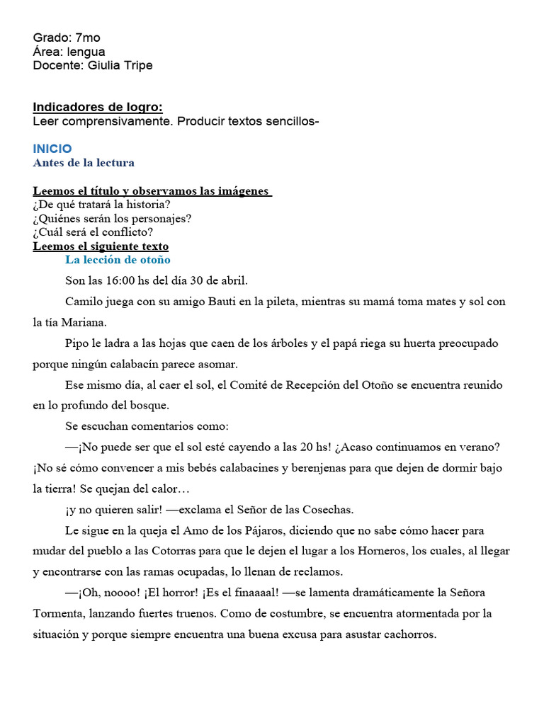 Lección de Otoño: Un Cuento para 7mo | PDF