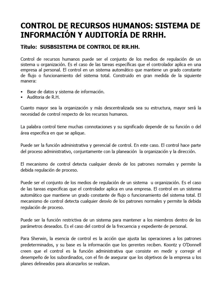 Susbsistema de Control de RRHH | PDF | Gestión de recursos humanos | Business