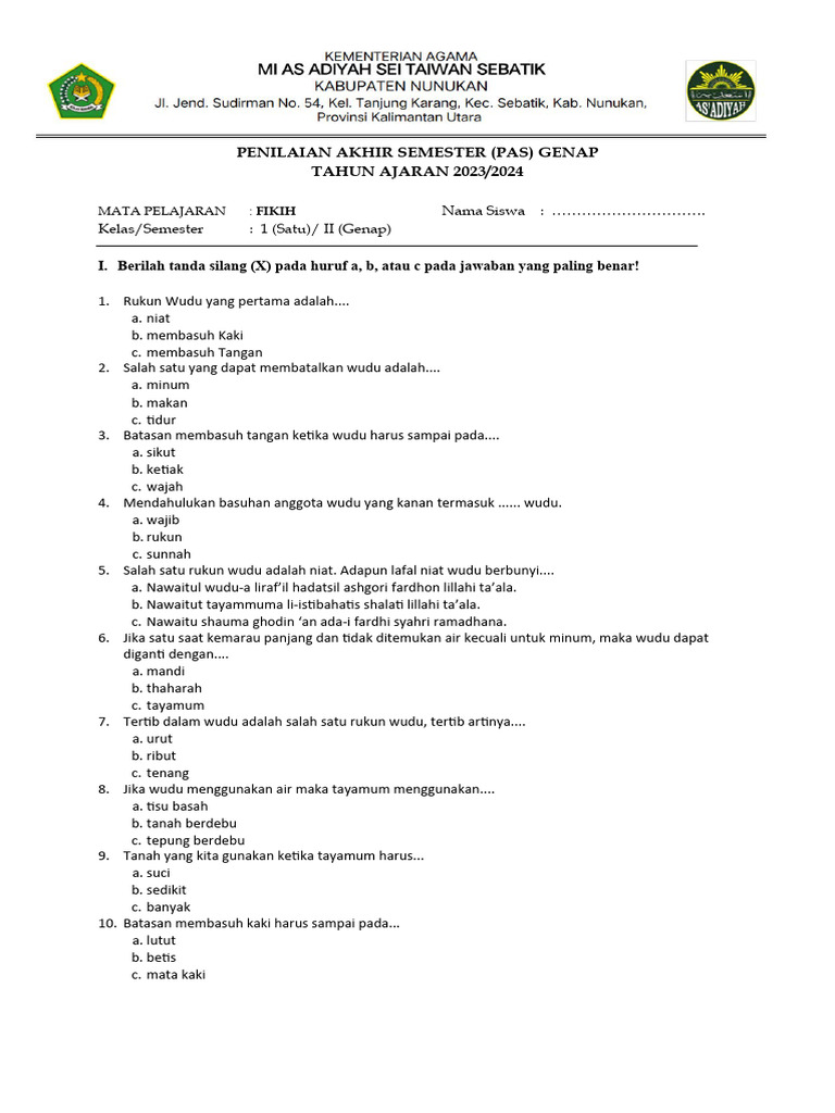 Pat Fikih Kelas 1 MST 2 | PDF | Karier & Perkembangan | Seni & Disiplin Bahasa