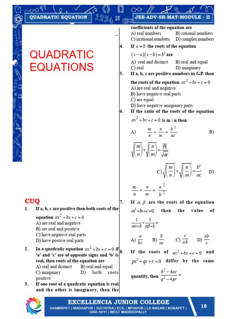 01-Quadratic Equation | Download Free PDF | Quadratic Equation | Equations
