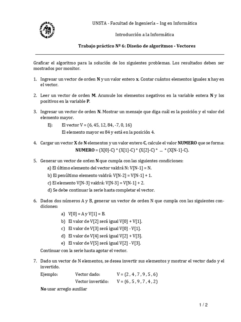 Trabajo Práctico Nro 6 Diseño De Algoritmos Vectores Pdf