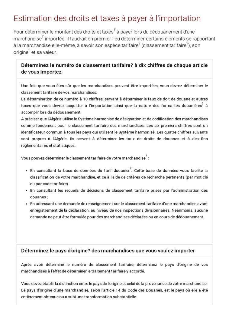 Estimation Des Droits Et Taxes À Payer À L'importation - Direction ...