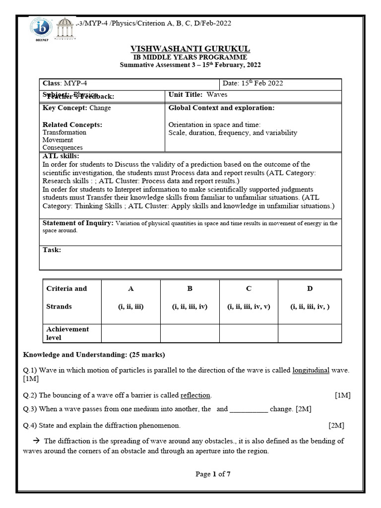 MYP-4 Physics Waves Assessment | PDF | Waves | Wavelength