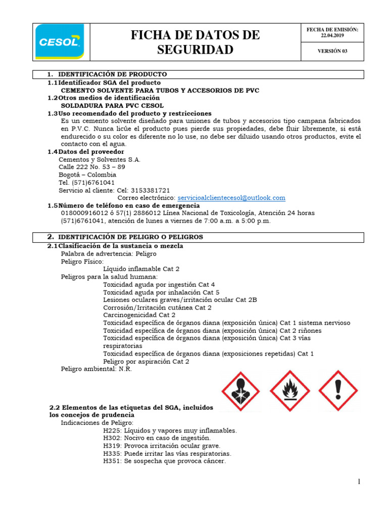 Ficha de Datos de Seguridad PVC Sga | PDF | Dióxido de carbono | Agua