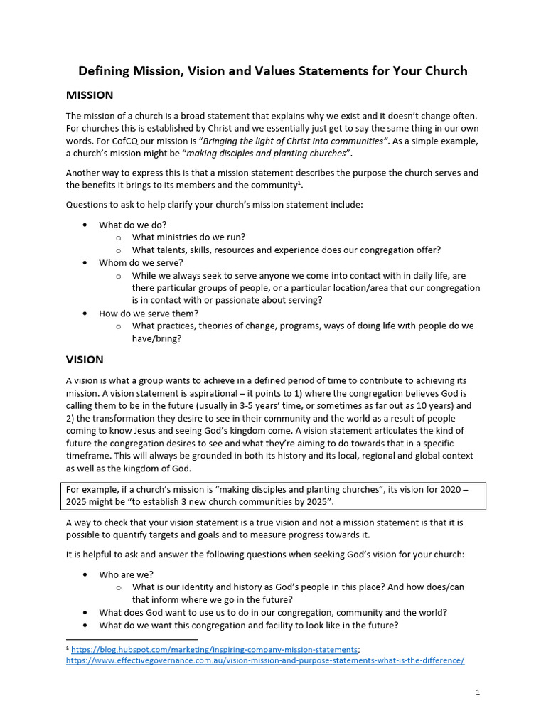 Defining Church Vision Mission and Values Statements | Download Free ...