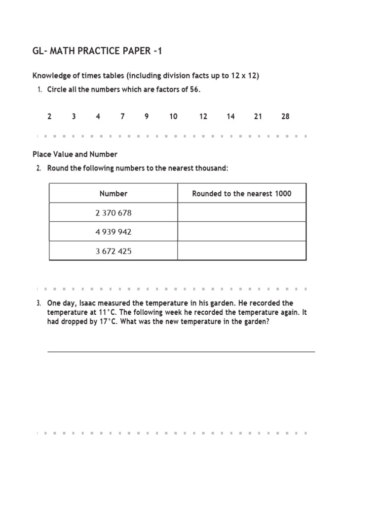 Gl-Math Practice Paper - 1: Knowledge of Times Tables (Including ...