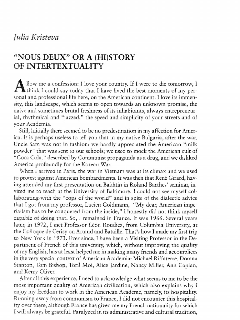 Kristeva - 'Nous Deux' or A (Hi) Story of Intertextuality | PDF