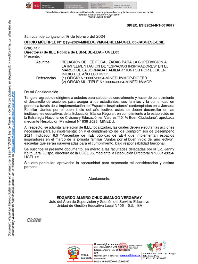 Oficio Multiple 019 2023 Esie Relacion de Iiee Focalizadas para La Supervision A La ...