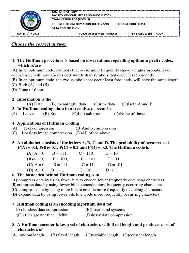 Data Compression exam | Download Free PDF | Data Compression | Videotelephony