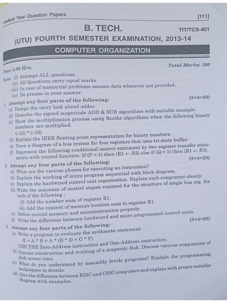 Computer Organisation and Architecture Previous Year Question Paper | PDF