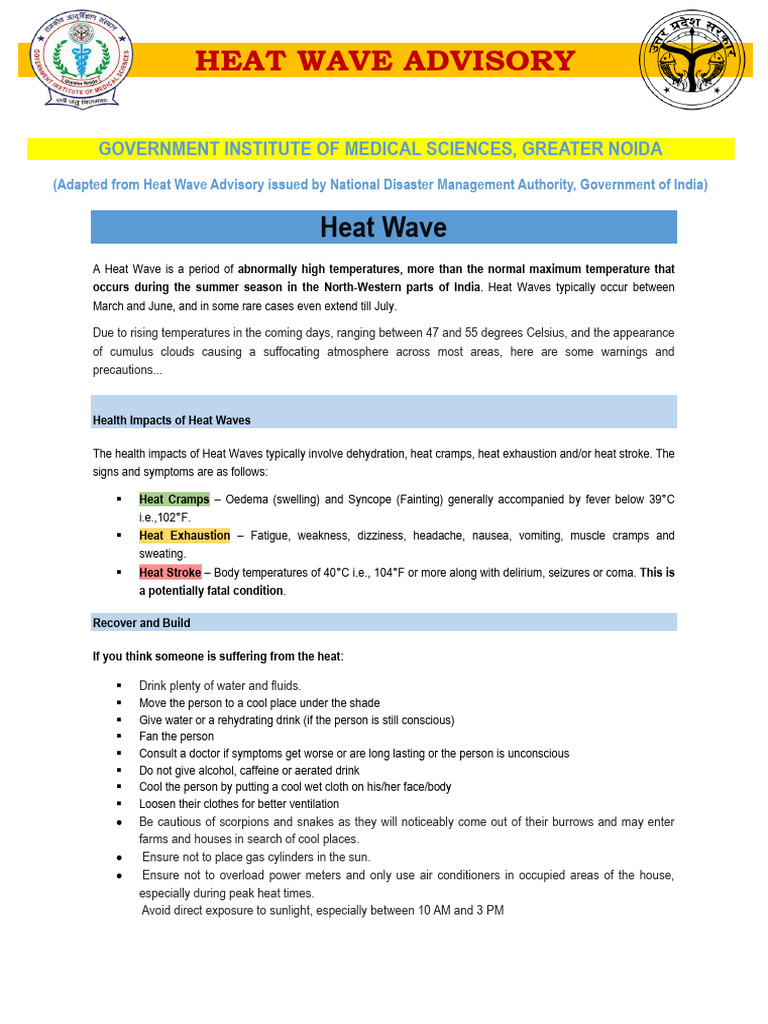 Heat Wave Advisory for Greater Noida | PDF | Hyperthermia | Dehydration