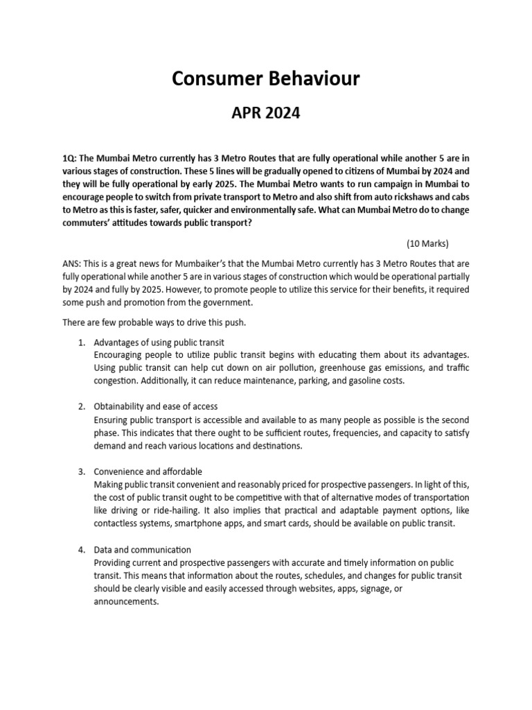 Consumer_Behaviour_-_Assignment_April_2024_Cycle_Answer | PDF | Public Transport | Rapid Transit