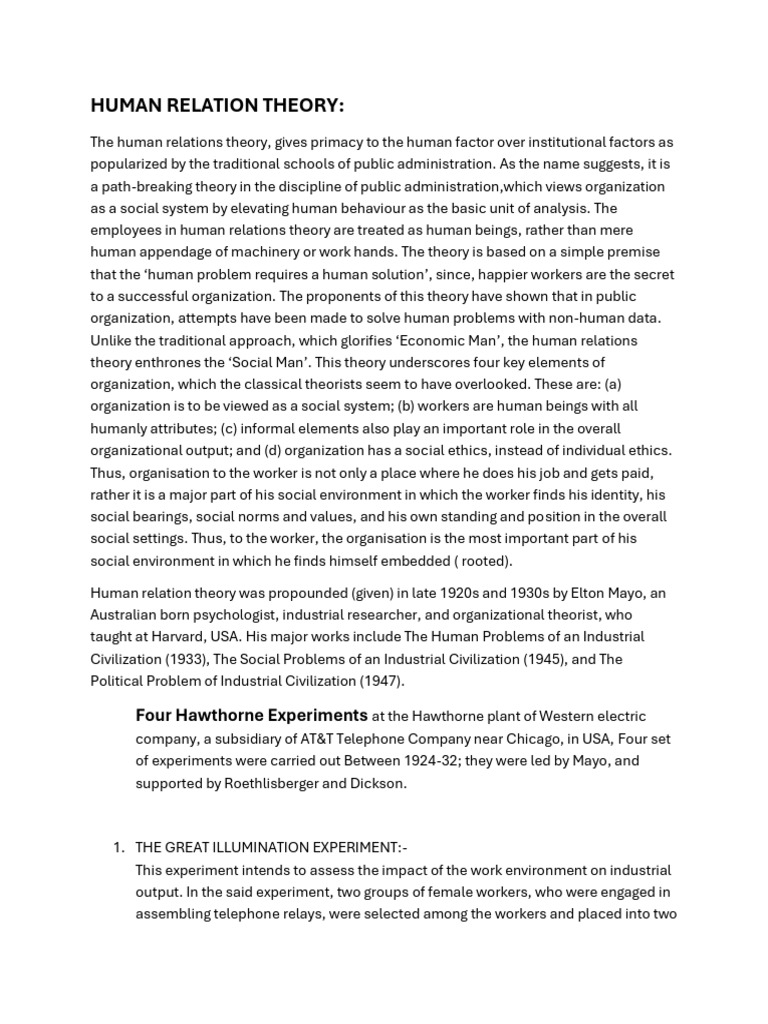 HUMAN RELATION THEORY | PDF | Experiment | Attitude (Psychology)