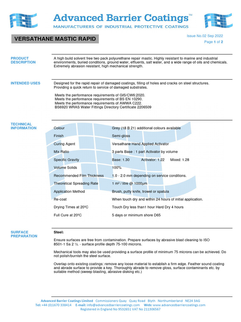 Versathane Mastic Rapid Grade PDS | PDF | Coating | Materials