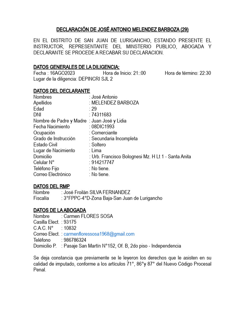 DECLARACIÓN DE JOSÉ ANTONIO MELENDEZ BARBOZA - Guarda Silencio | PDF