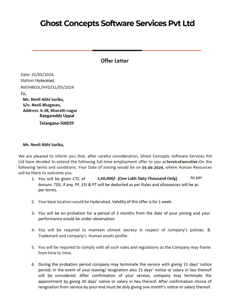 Offer Letter - Service Excutive | PDF | Private Law | Common Law