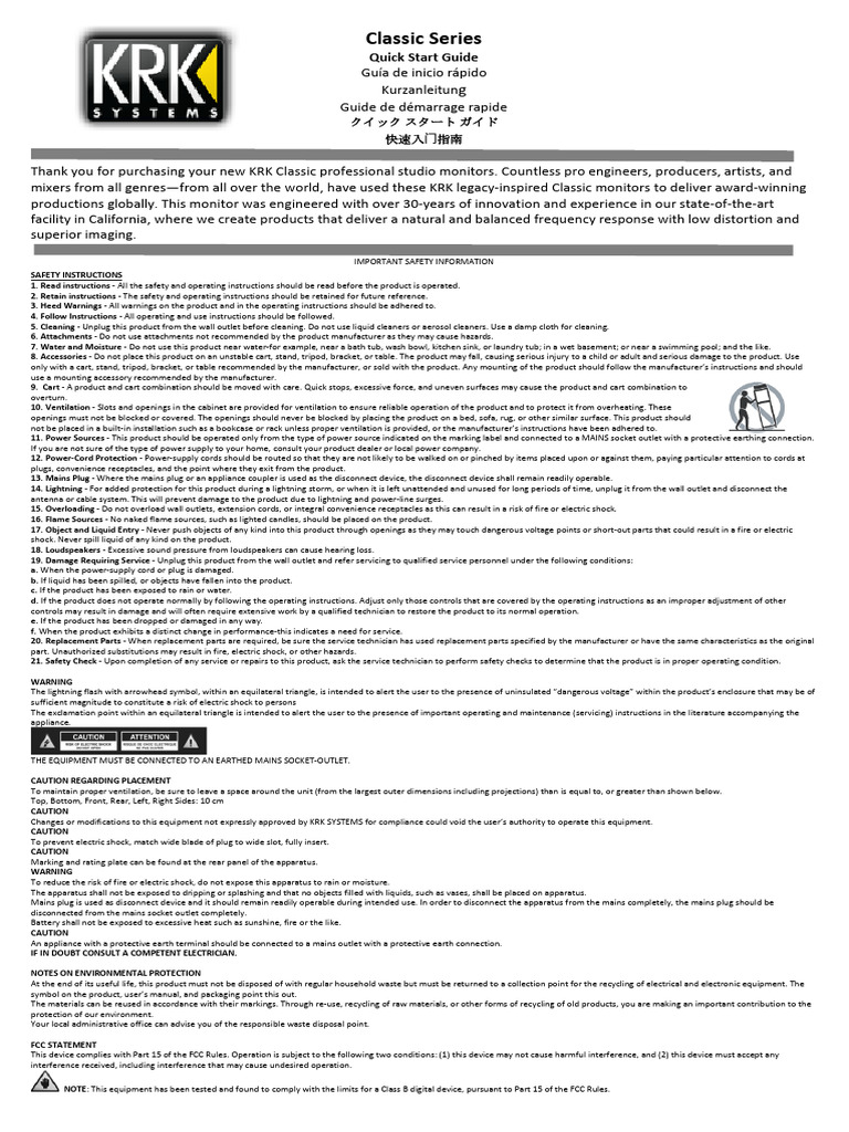 KRK Classic Series Manual | PDF | Ac Power Plugs And Sockets | Electronics