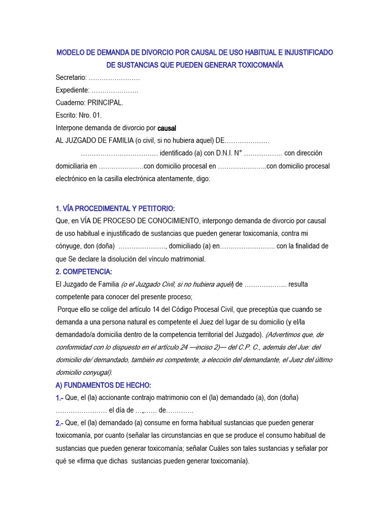 Modelo de Divorcio | PDF | Demanda judicial | Divorcio
