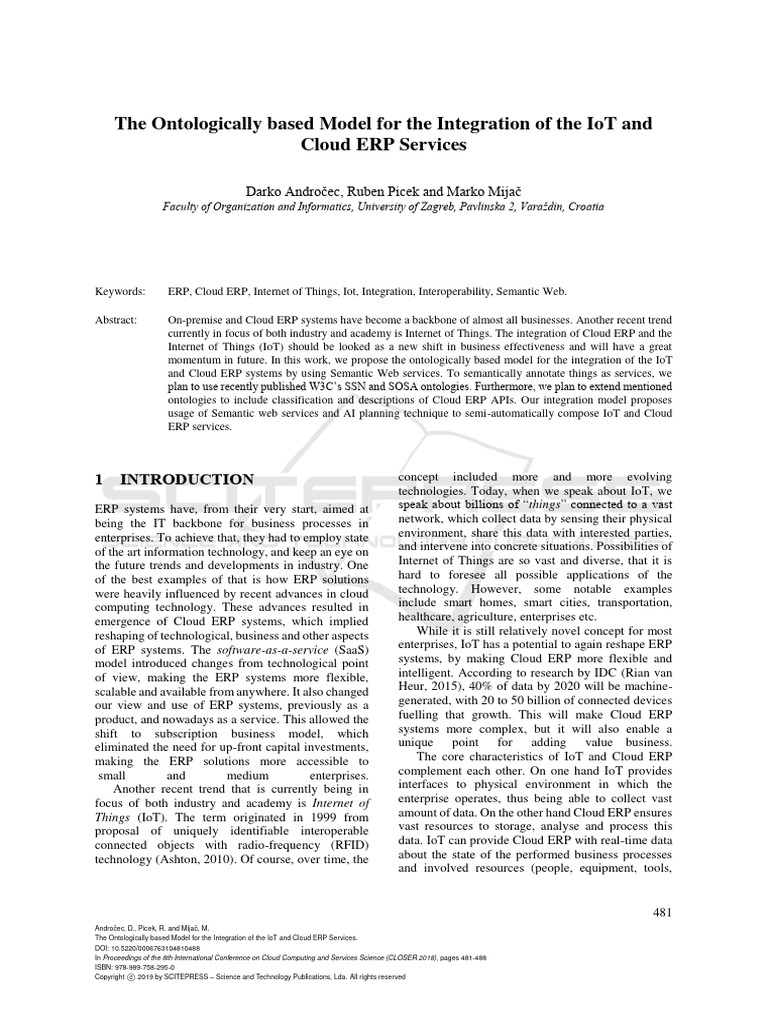 The Ontologically Based Model For The Integration of The Iot and Cloud Erp Services | PDF ...