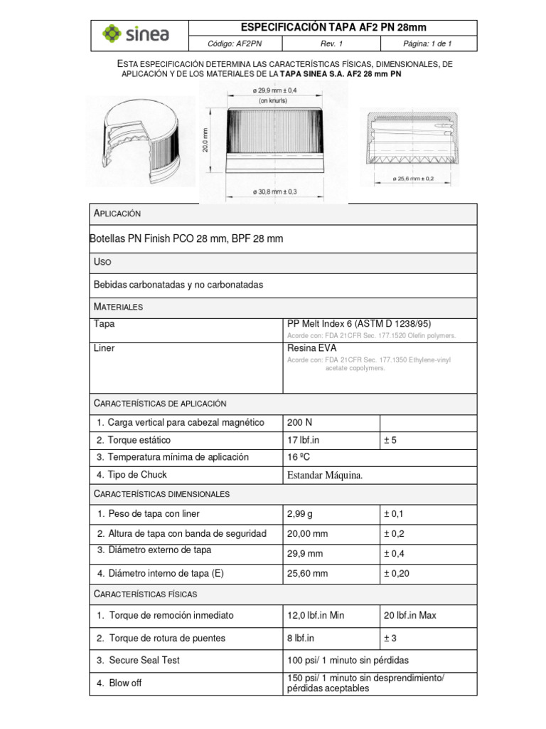 Ficha Tecnica Tapa Bebida Pco 28 | PDF