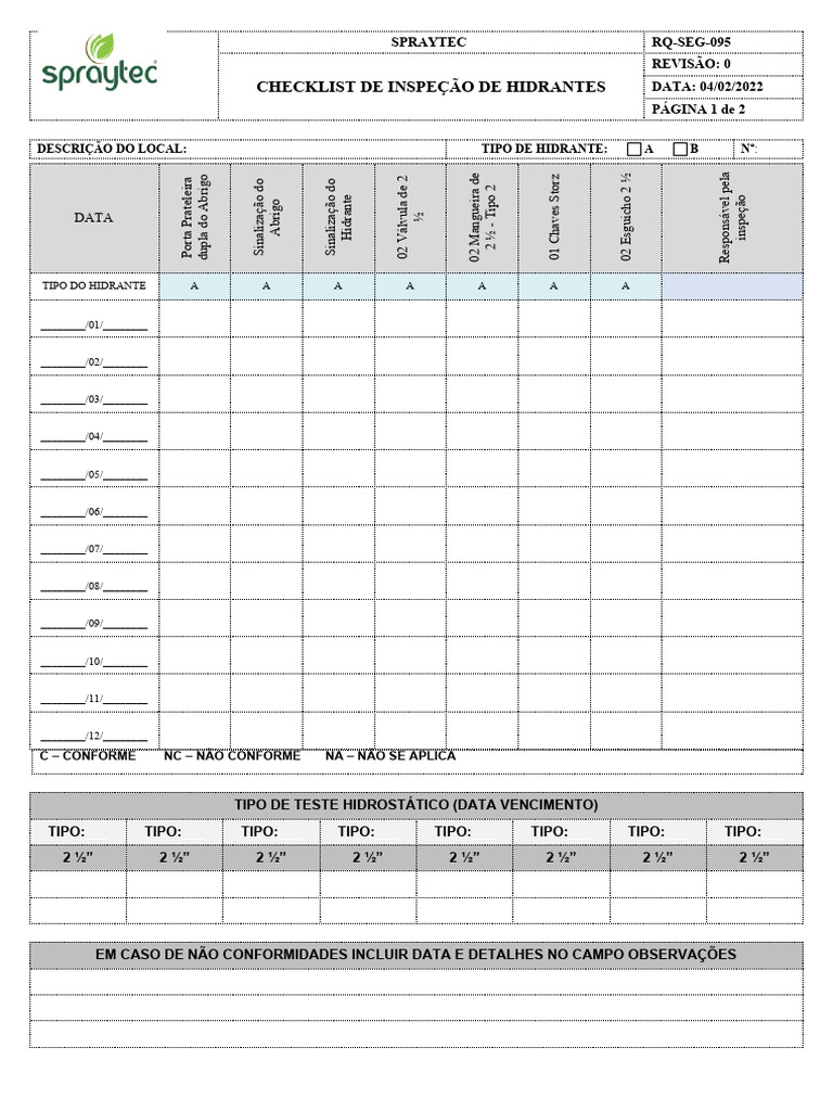 Rq-Seg-095 - Check List de Inspeção de Hidrantes - Rev 00 | PDF