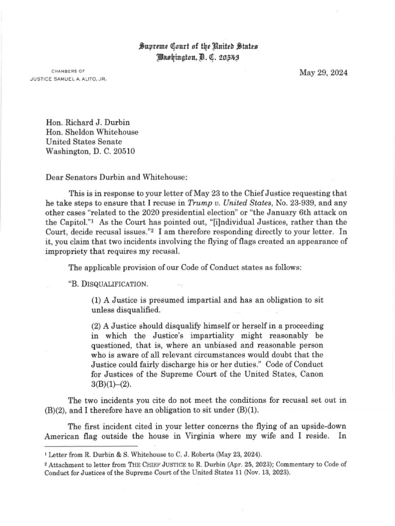 Letter From Justice Alito To Senators Durbin and Whitehouse | PDF ...
