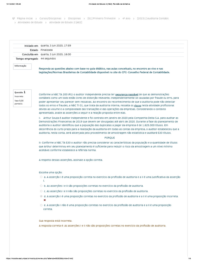 Atividade de Estudo 2 (AE2) - Revisão Da Tentativa | PDF | Contabilidade | Capital próprio ...