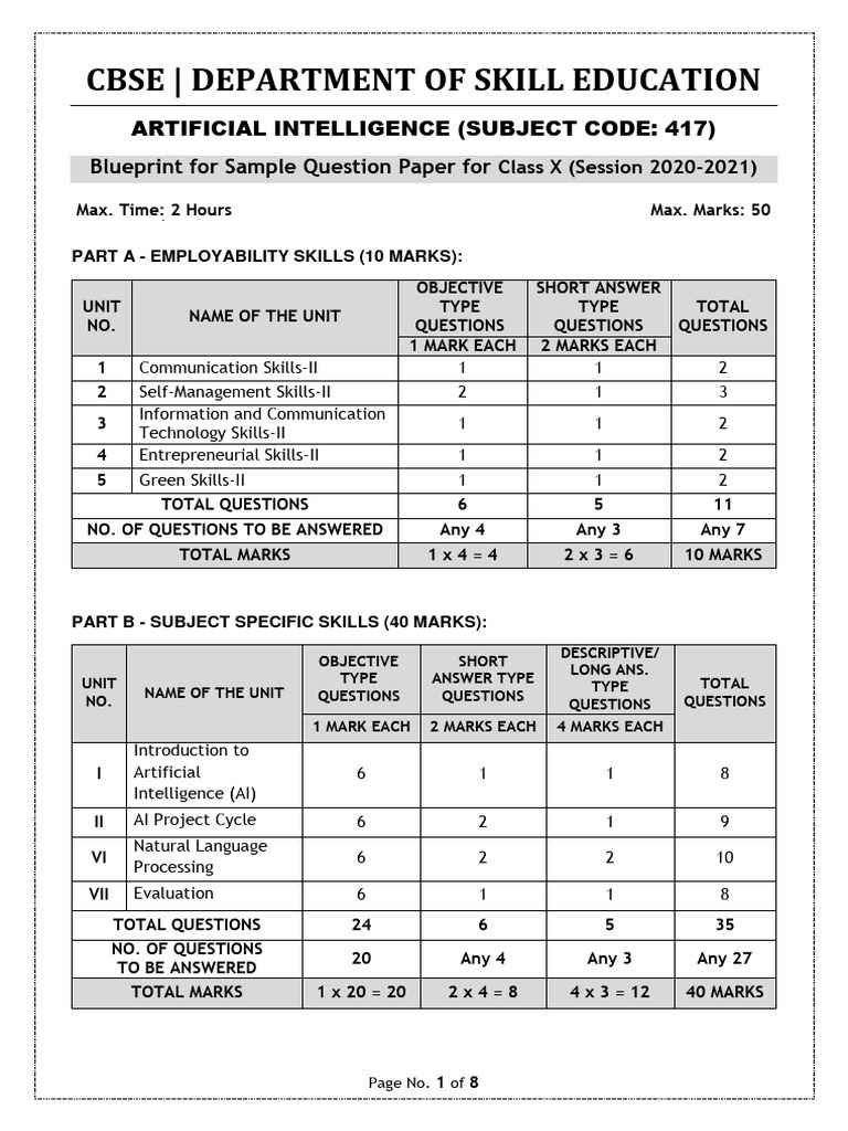 AI 2020 21 Samplepaper Answerkey | PDF | Machine Learning | Artificial ...